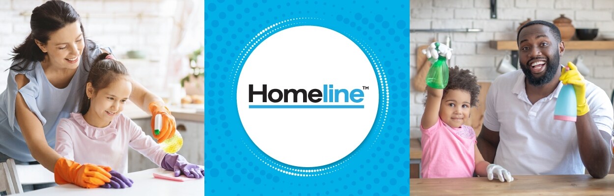 Homeline logo with parents with kids doing cleaning tasks