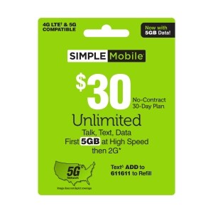 SIMPLE Mobile 5 GB Single-Device unlimited talk& text Plan - Prepaid ...