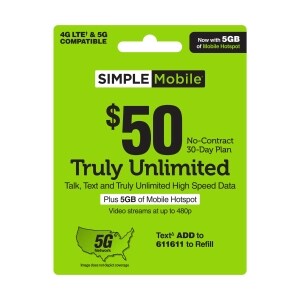 SIMPLE Mobile UNLIMITED talk, text & data plus 5 GB Hotspot Single ...