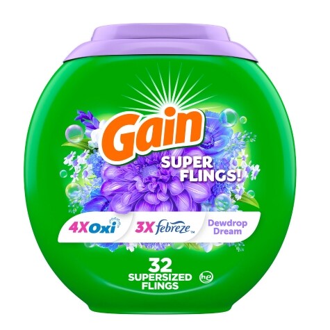 Gain Super Sized Flings Laundry Detergent Pacs, 32 Count, Dewdrop Dream ...