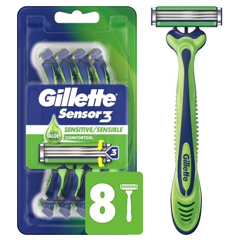 Gillette Sensor3 Sensitive Men's Disposable Razor, 8 Razors