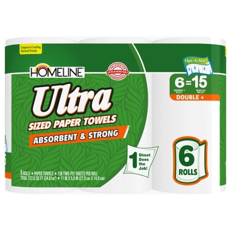 Homeline Ultra Opt-a-Size Double Plus Paper Towel Rolls, 6-ct.