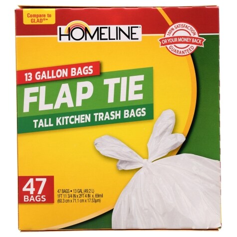 Homeline 13 Gallon Flap Tie Tall Kitchen Trash Bags, 47 ct.