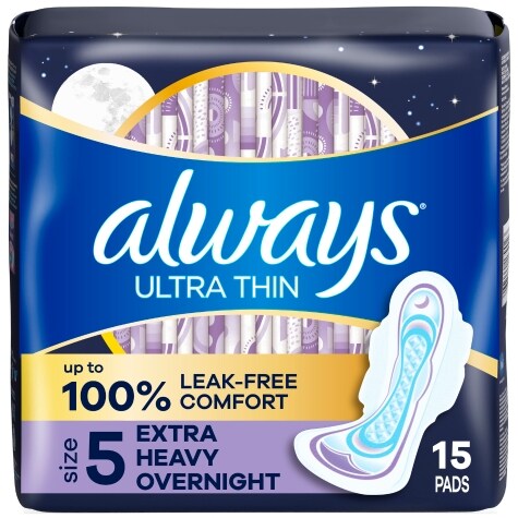 Always Ultra Thin Extra Heavy Overnight Pads with Wings, Size 5, Extra ...