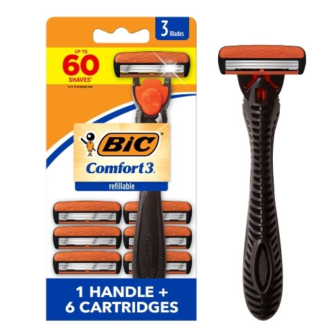 BIC Comfort 3 Refillable Three-Blade Razor for Men, Sensitive Skin ...