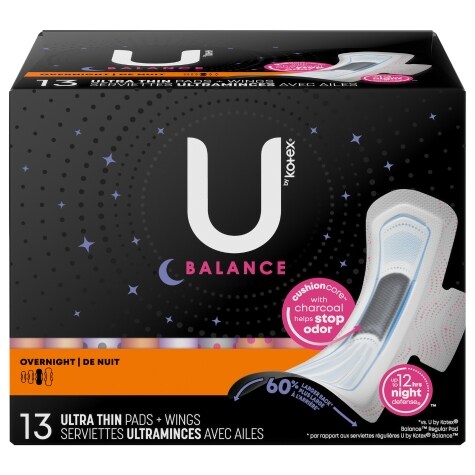 U by Kotex Balance Overnight Ultra Thin Pads + Wings 13 ea