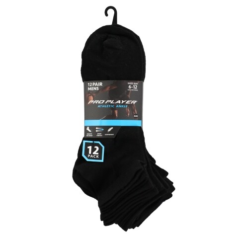 Pro Player Men's Size 6-12 Black Athletic Ankle Socks, 12-pk.