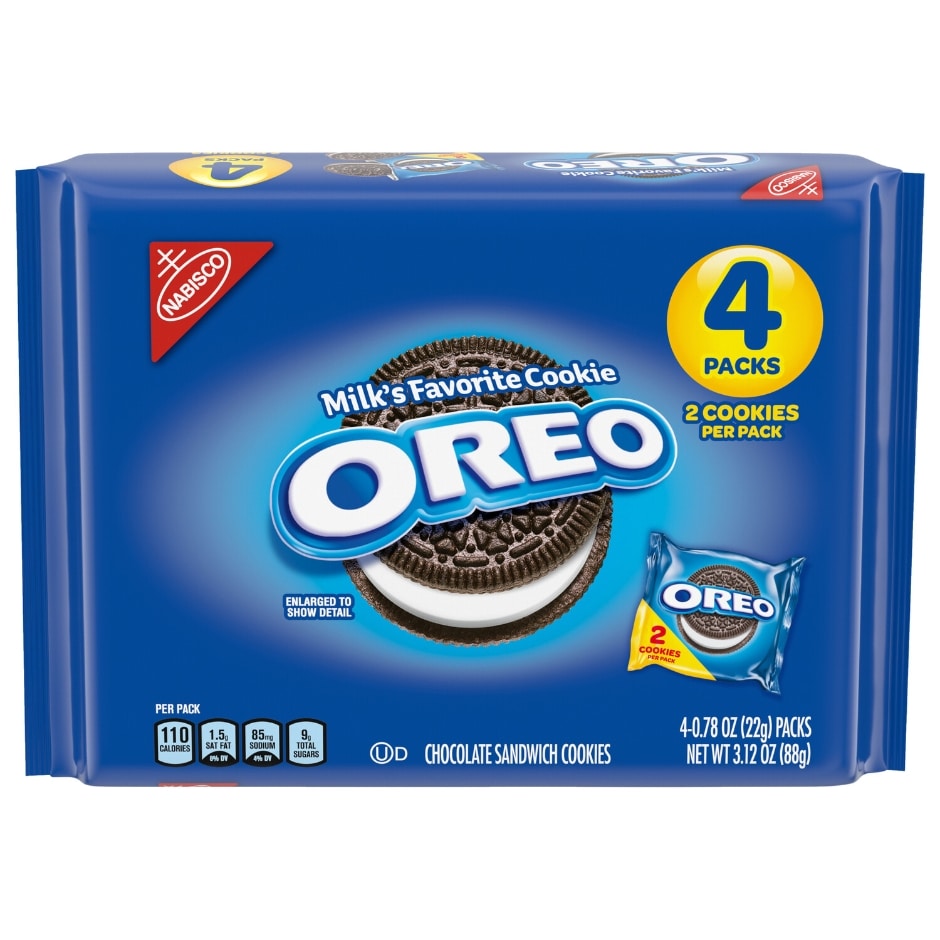 OREO Chocolate Sandwich Cookies, 4 Snack Packs (2 Cookies Per Pack)