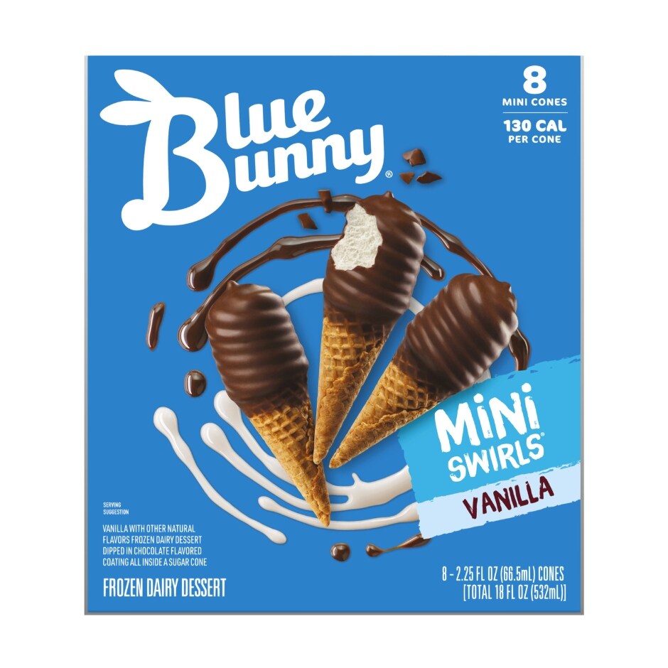 Blue Bunny Mini Swirls Vanilla Cones, Frozen Dessert, 8 Pack