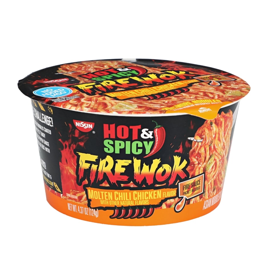 Nissin Hot & Spicy Fire Wok Noodles Molten Chili Chicken, 4.37-oz. Bowl