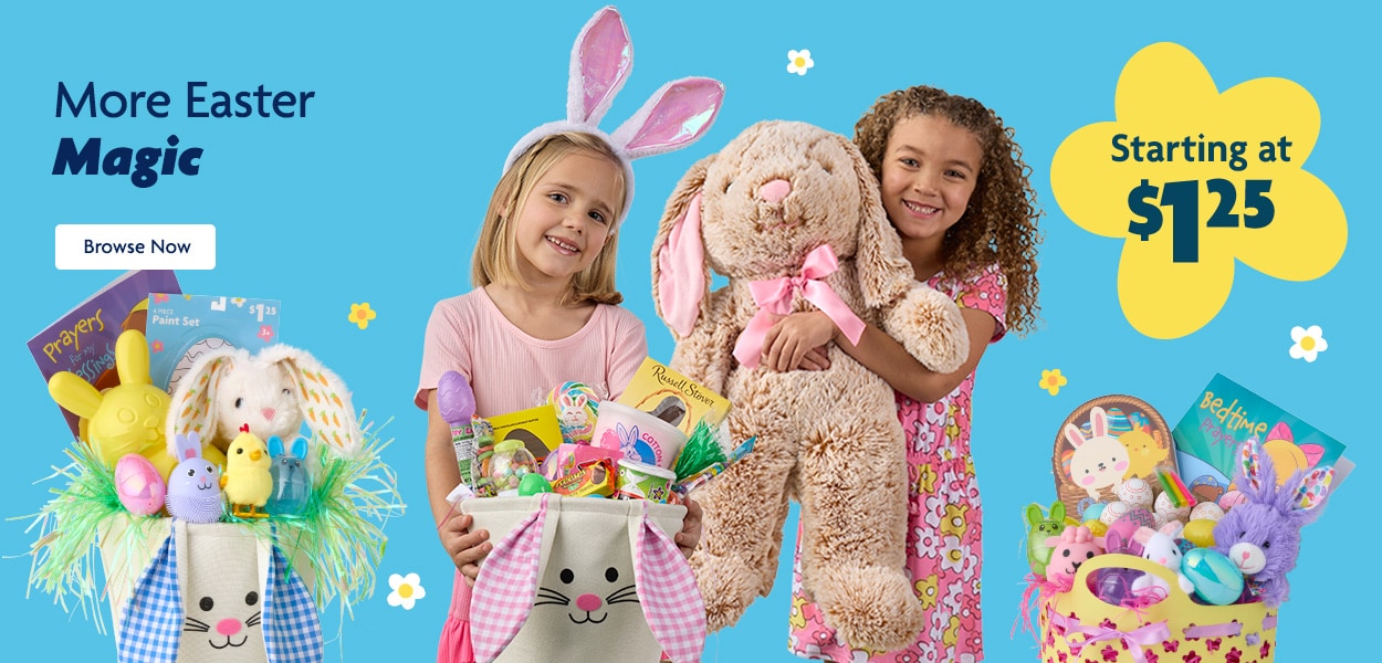 “More Easter Magic. Browse Now” and 2 kids holding an Easter basket and ...