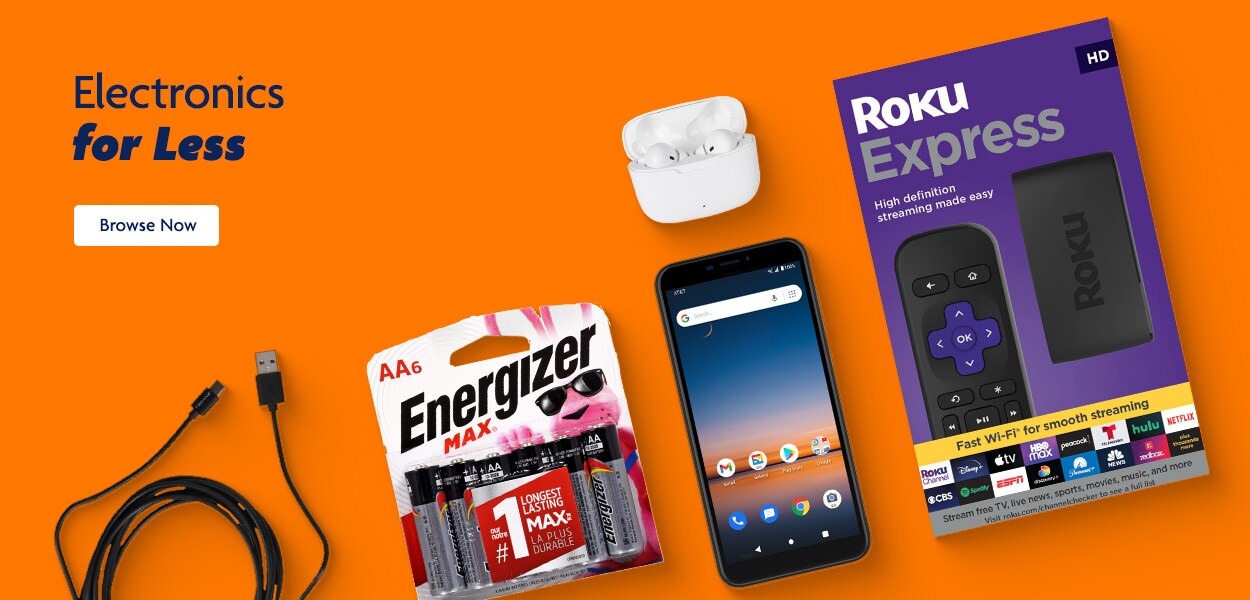 “Electronics for Less. Browse Now” and a charger, battery pack, phone ...