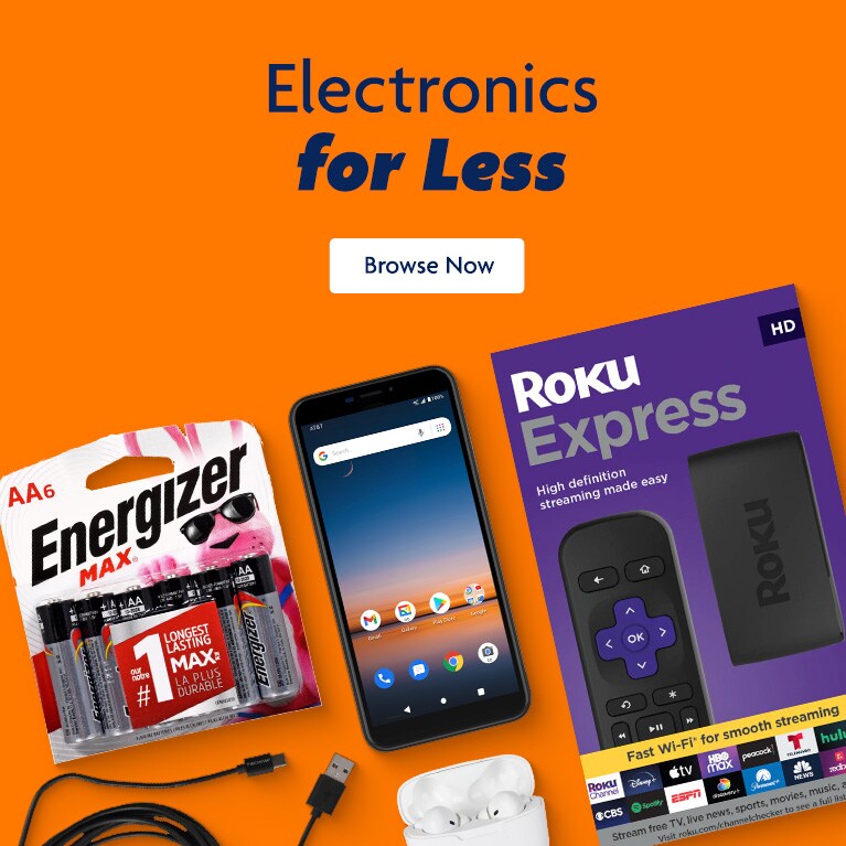 “Electronics for Less. Browse Now” and a charger, battery pack, phone ...