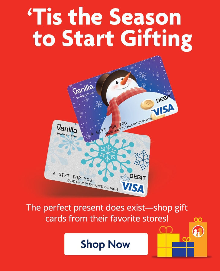 "Tis the season to start gifting" written next to images of gift cards ...