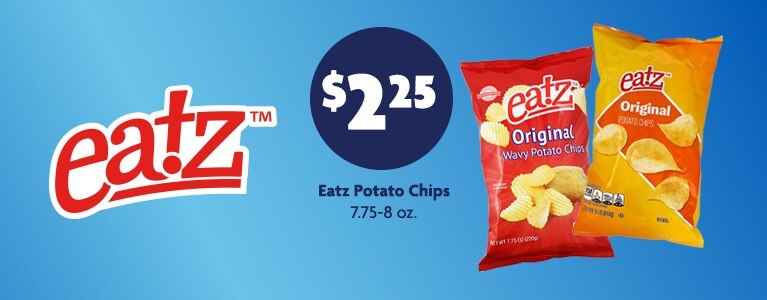 Eatz logo and $2.25 Eatz potato chips, 7.75-8 oz.