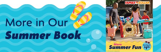 “More in Our Summer Book” and a picture of the Family Dollar Summer Book