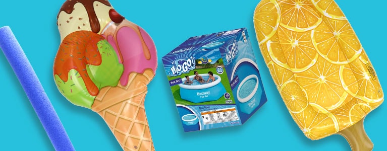 Pool noodle, ice cream and popsicle pool floats, and an inflatable pool