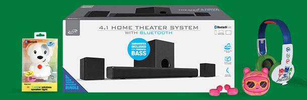 Toy dog, home theater system, ear buds, and headphones