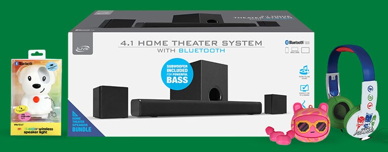 Toy dog, home theater system, ear buds, and headphones