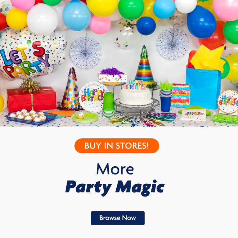 “Buy in Stores! More Party Magic. Browse Now” and a balloon garland ...